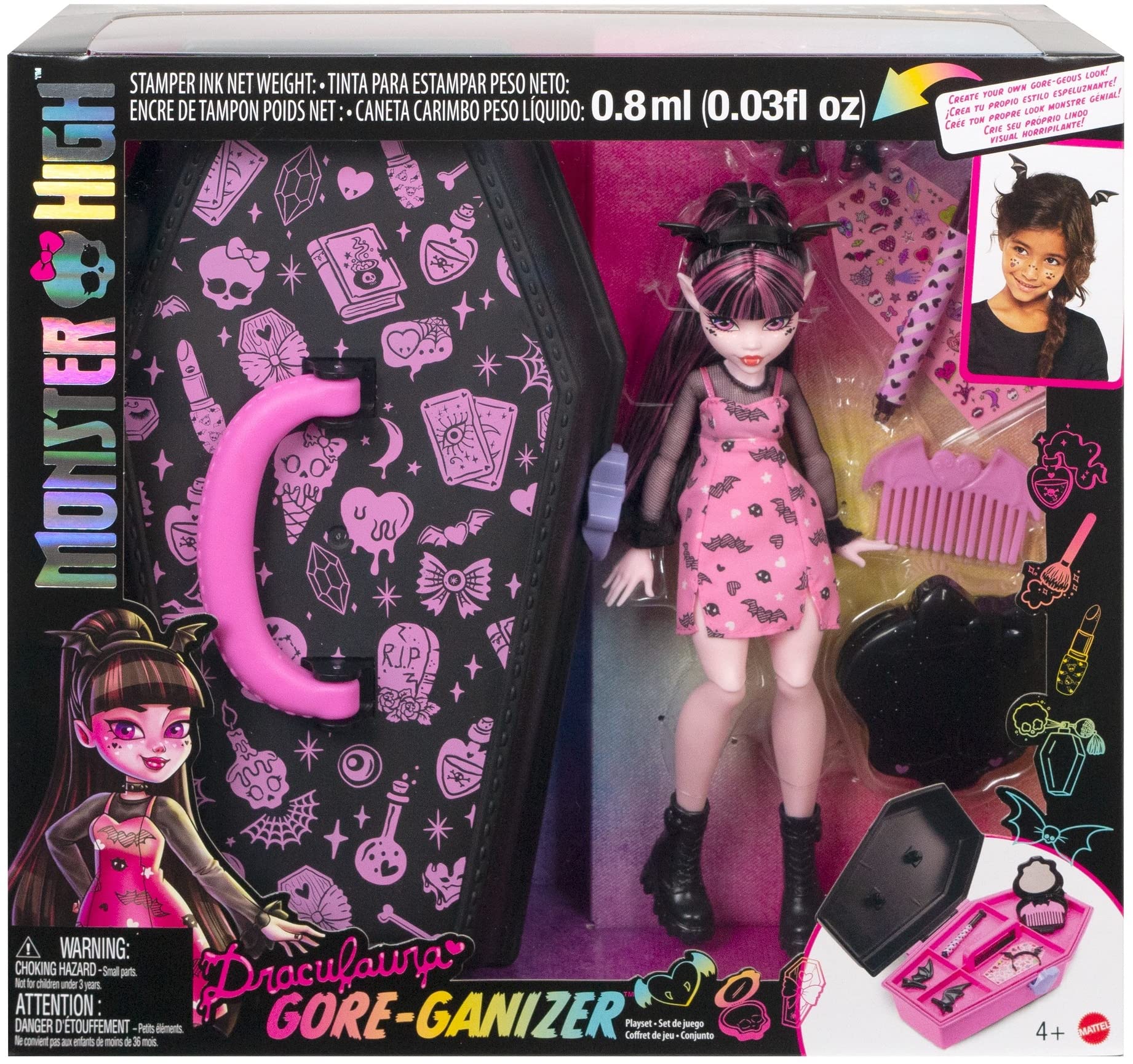 Monster High Draculaura Doll & Accessories, Gore-ganizer Beauty Kit with Bat Clips, Comb & Mirror, Customizable with Stamp Pen & Stickers
