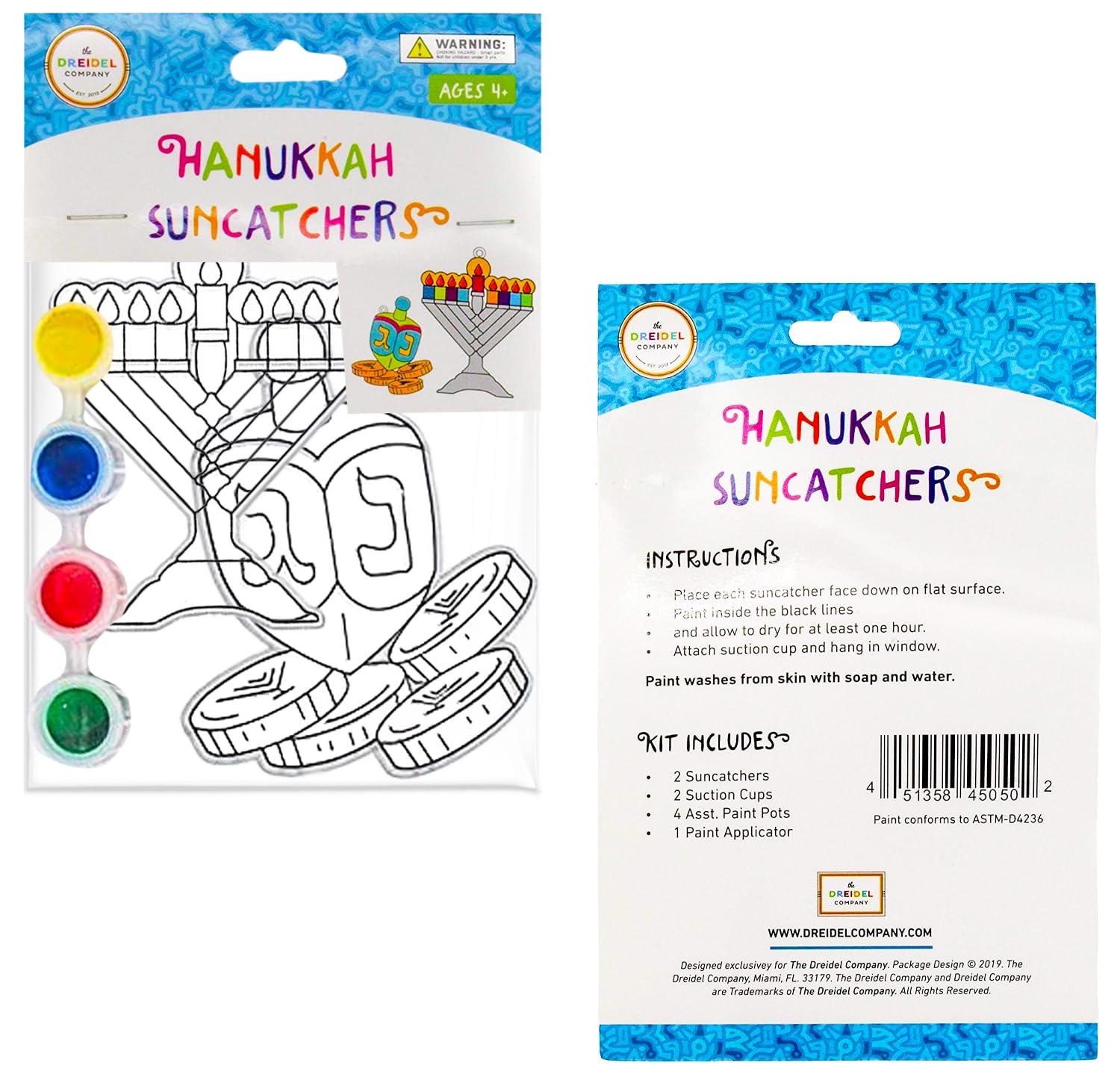 The Dreidel Company Hanukkah Suncatcher, Stained Glass Look, Chanuka Decorations, Paint Your Own Menorah and Dreidel, Fun and Educational (Single)