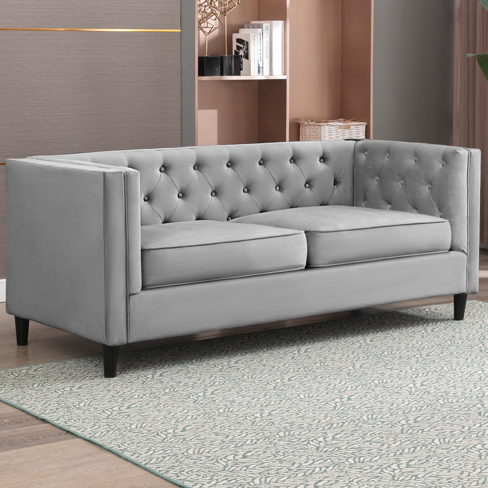 Mjkone Velvet Sofa 69'' W, Compact Loveseat Couch with Solid Wood Legs, Button Tufted Futon for Small Spaces, Mid-Century Modern Style Big 2 Seat Couch for Living Room, Apartment, Office - Dark Gray