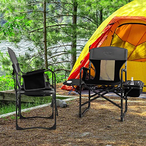 COSTWAY Folding Camping Chair, Heavy-Duty Director Chair Supports 400lbs for Adults with Side Table, Cooler Bag, Storage, Strap, Portable Makeup Chair Suitable for Fishing Picnic, Black