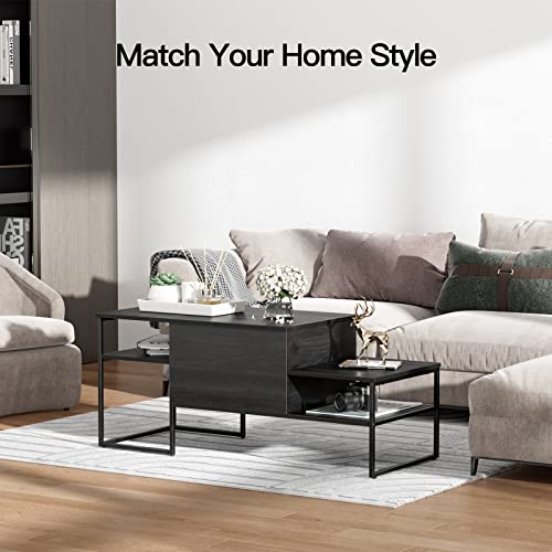 Amada Lift Top Coffee Table, Rectangle Coffee Table with Hidden Compartment and Storage Shelf, Modern Coffee Table for Living Room, Office, Entertainment Center, AMCT3B