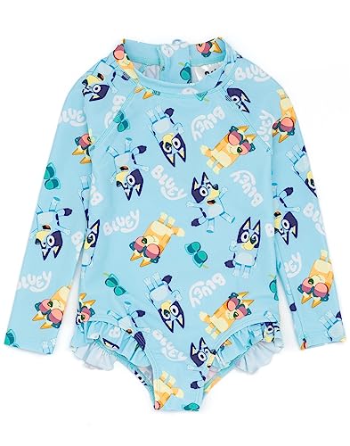 Bluey Girls Swimsuit | Baby Toddlers Blue Bingo Swimming Costume Long Sleeve with Frill