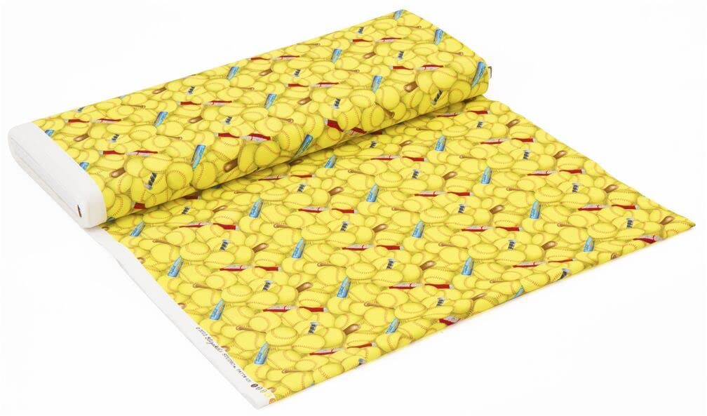 Softball yellow cotton fabric from the USA by Elizabeth's Studio, with balls and bats (per 0.5 yard)