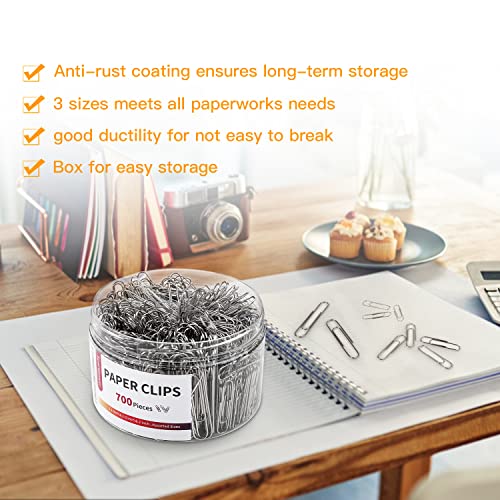 Paper Clips,700 Pcs Sliver Paper Clips Assorted Sizes with Small,Medium &Jumbo, Large Paperclips for Office School Hospital Document Organizing Daily DIY Use