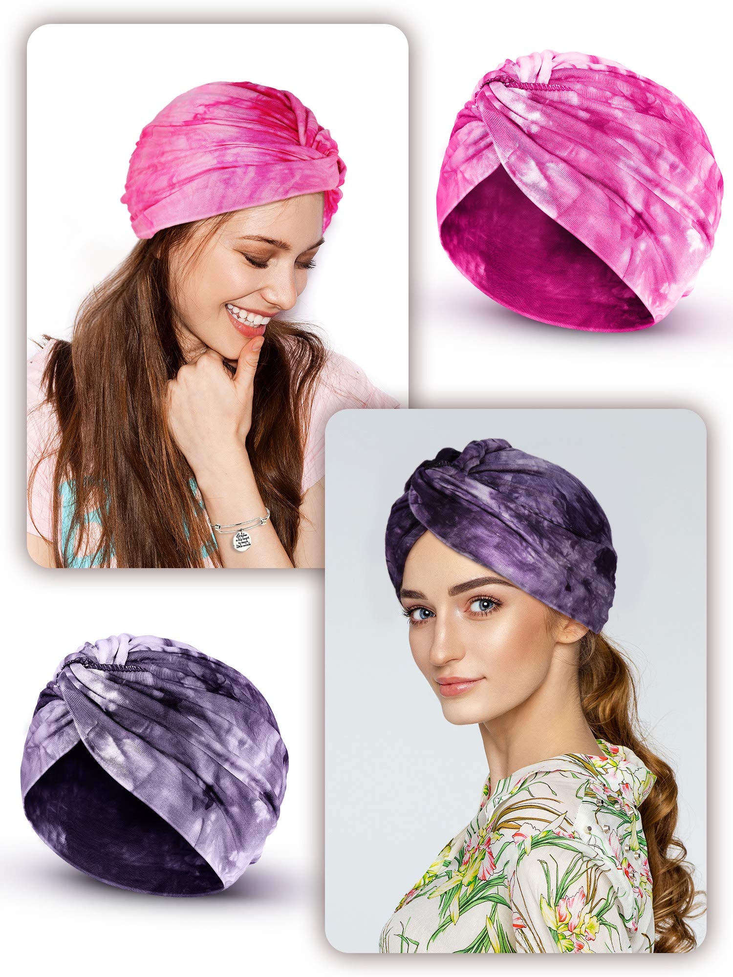 4 Pieces Turbans Cap Knot Pre-Tied Head Wraps Tie-Dye Stretch Turban Beanie Hats
