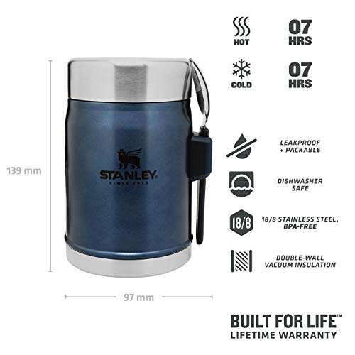 Stanley Classic Legendary Food Jar 0.4L Nightfall with Spork β BPA Free Stainless Steel Soup Flask - Keeps Cold or Hot for 7 Hours - Leakproof - Dishwasher Safe