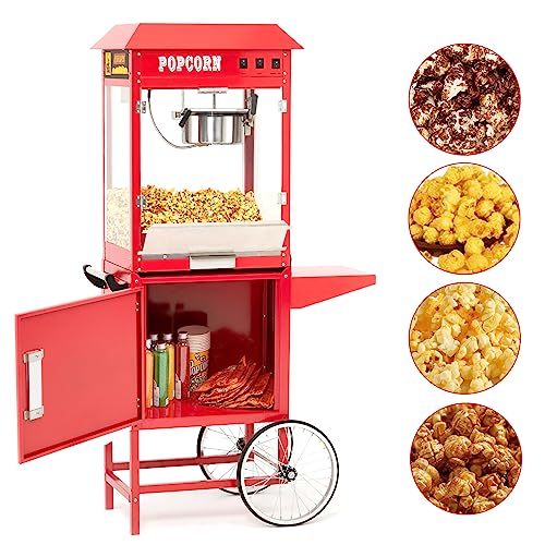 Aibudy Popcorn Popper with Cart and Stand,Theater Commercial Vintage Popcorn Maker with 8 Oz. Stainless Steel Kettle and Storage Included, Red