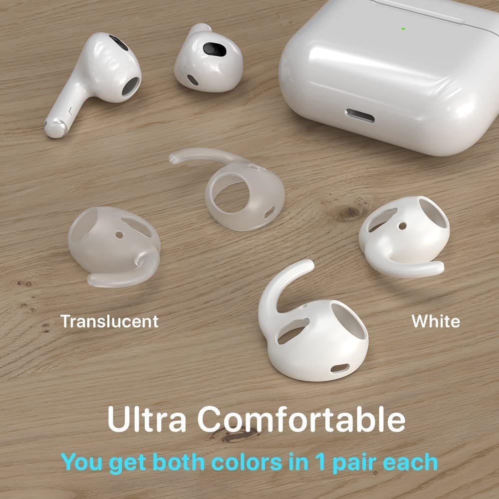 CharJenPro Patented Ear Hooks for AirPods Pro and AirPods 3 (3rd Generation). Stays in Ears, Ultra Comfortable, Covers Never Falls Off. (White & Translucent)