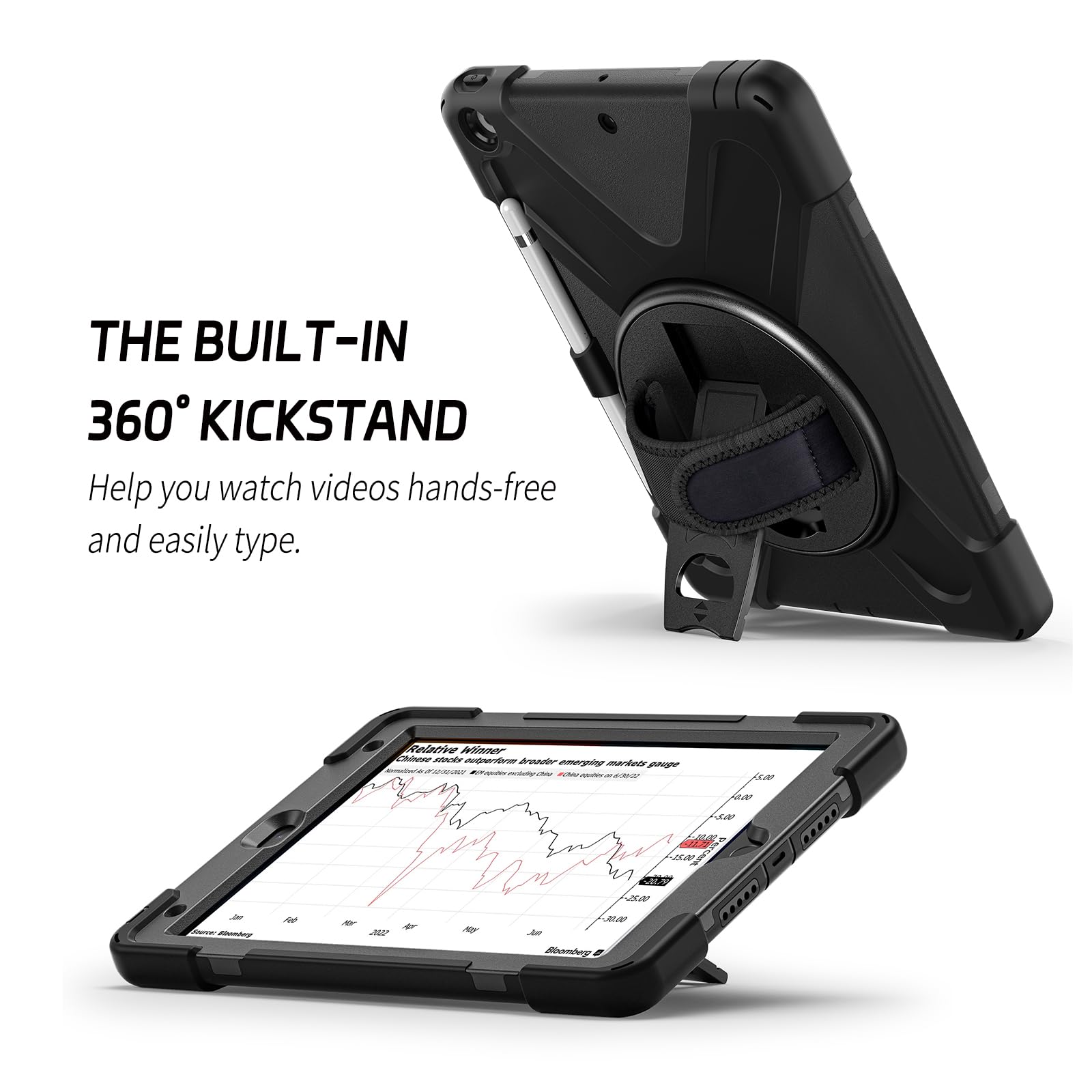 ZenRich iPad 9th Generation Case 10.2 inch 2021, Rugged Shockproof Case for iPad 8th/7th Generation with Pencil Holder, Rotating Hand Strap &Stand, Shoulder Strap and Screen Protector,Black