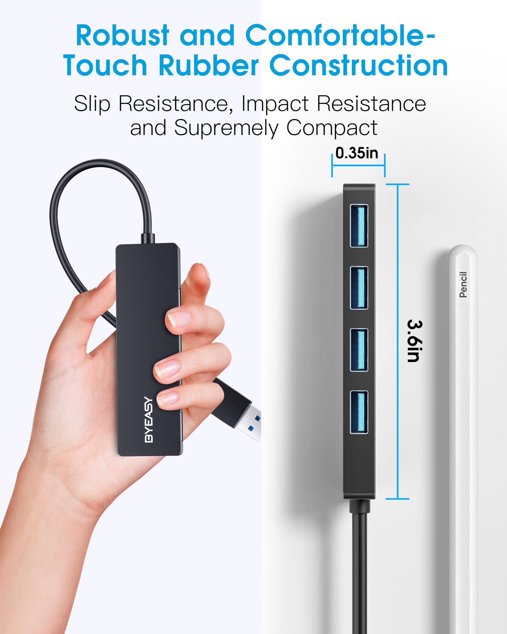 BYEASY USB Hub, 4 Port USB 3.0 Hub, Ultra Slim Portable Data Adapter Applicable for iMac Pro, MacBook Air, Mac Mini/Pro, Surface Pro, Notebook PC, Laptop, and Mobile HDD (Leather Black)