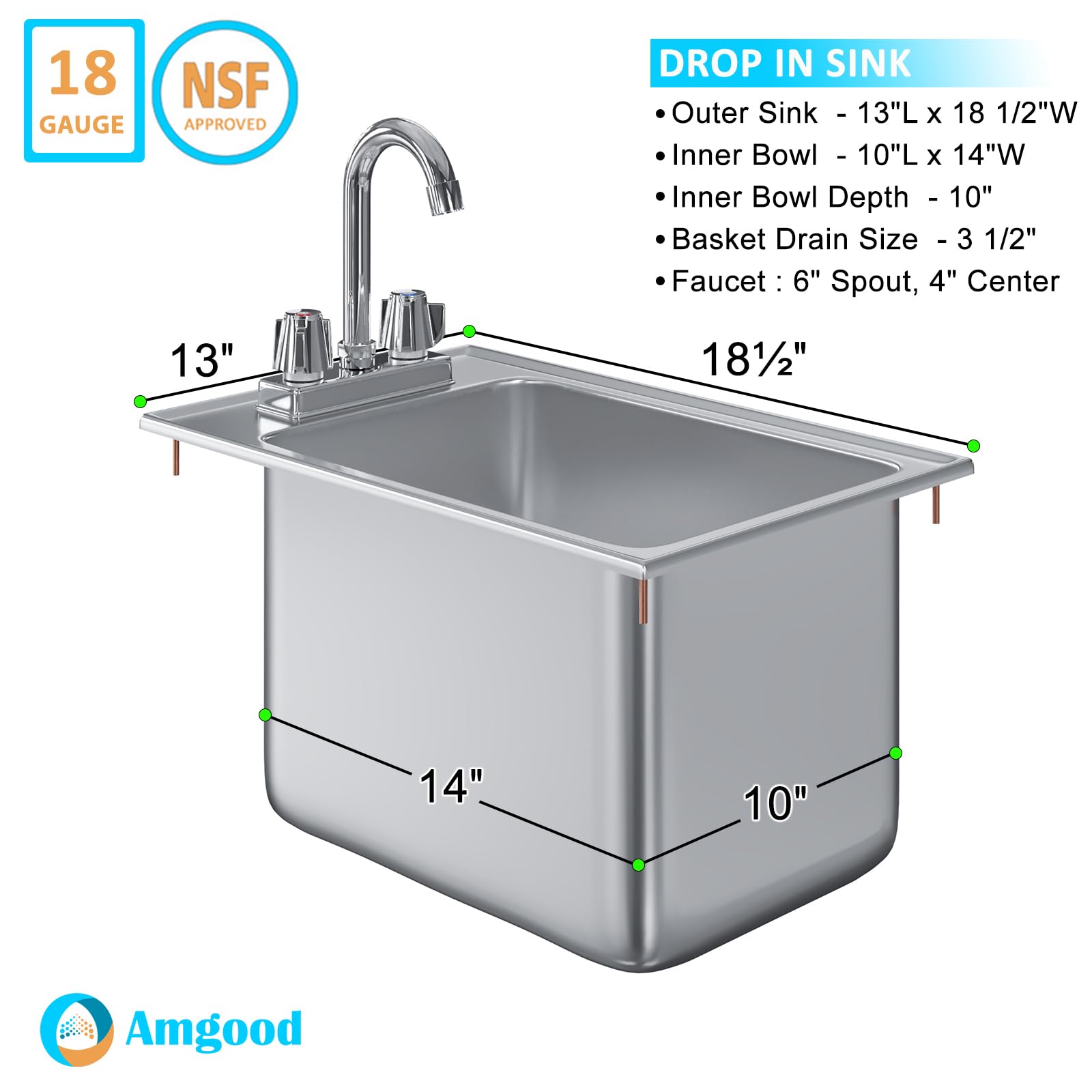 Stainless Steel Drop Sink - 1 Compartment Drop in Sink 10"x14"x10" | NSF | Utility | Commercial | Laundry | Kitchen