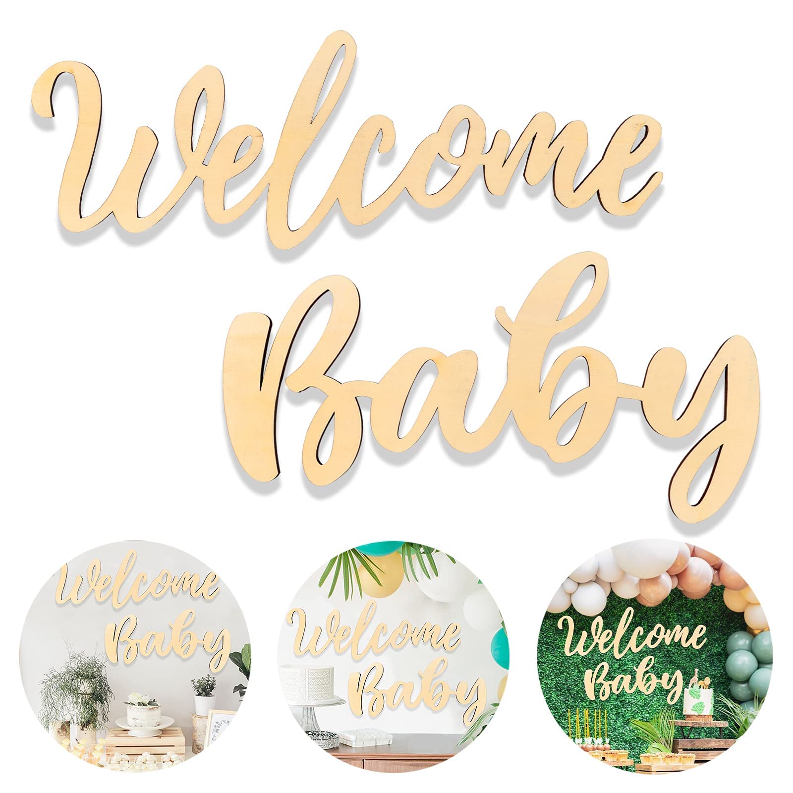 Wood Original Wood Color Welcome Baby Sign - Baby Shower Banner for 1st Birthday, Baby Party Sign Wooden Cutout Nursery Decor, Baby Shower Party Banner Event Decorations for Gender Reveal Backdrop