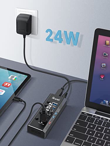 USB Hub 3.0 Powered, ikuai 5-Port Multiple USB Port Splitter, USB 3 Powered Hub, High-Speed Portable USB Port Expander, Charging Supported, 24W Power Adapter for Laptop and PC (RSW-A35B)
