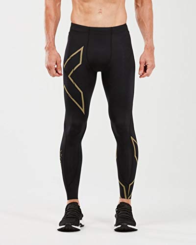 2XU Men's Light Speed Compression Tights - Lightweight & Flexible Support for Improved Running Performance - Black/Gold Reflective - Size Medium
