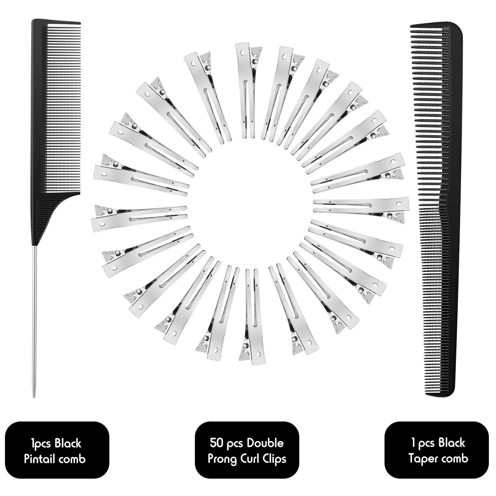 Patelai 52 Pcs Professional Comb Set Carbon Fiber Hair Combs for Women Men Include Rat Tail Taper 50 Double Prong Curl Clips for All Hair Types Natural Curly(Black)