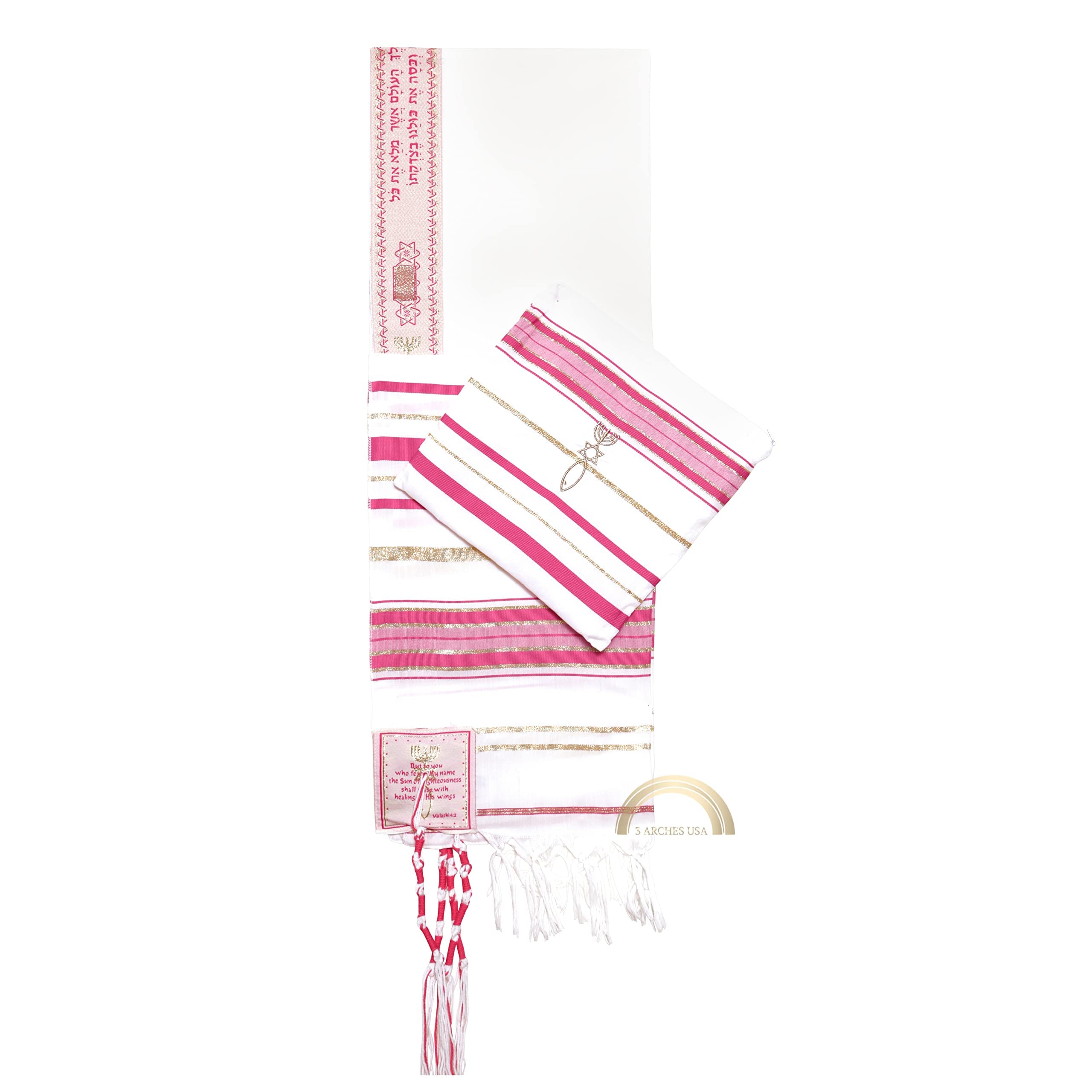 3 ARCHES USA, New Covenant Prayer Shawl Christian, Pink Messianic Tallit 72βX22β With Bag, Israel Design.