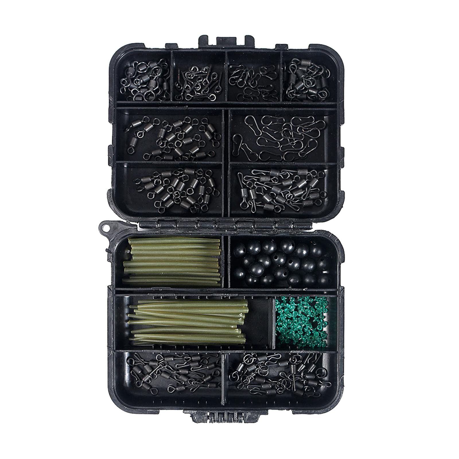 300pcs Carp Fishing Tackles Set, Assorted Rolling Swivels, Rigs Swivel Clips Hooks, Sleeves Stoppers, Stop Beads Accessories with Storage Case