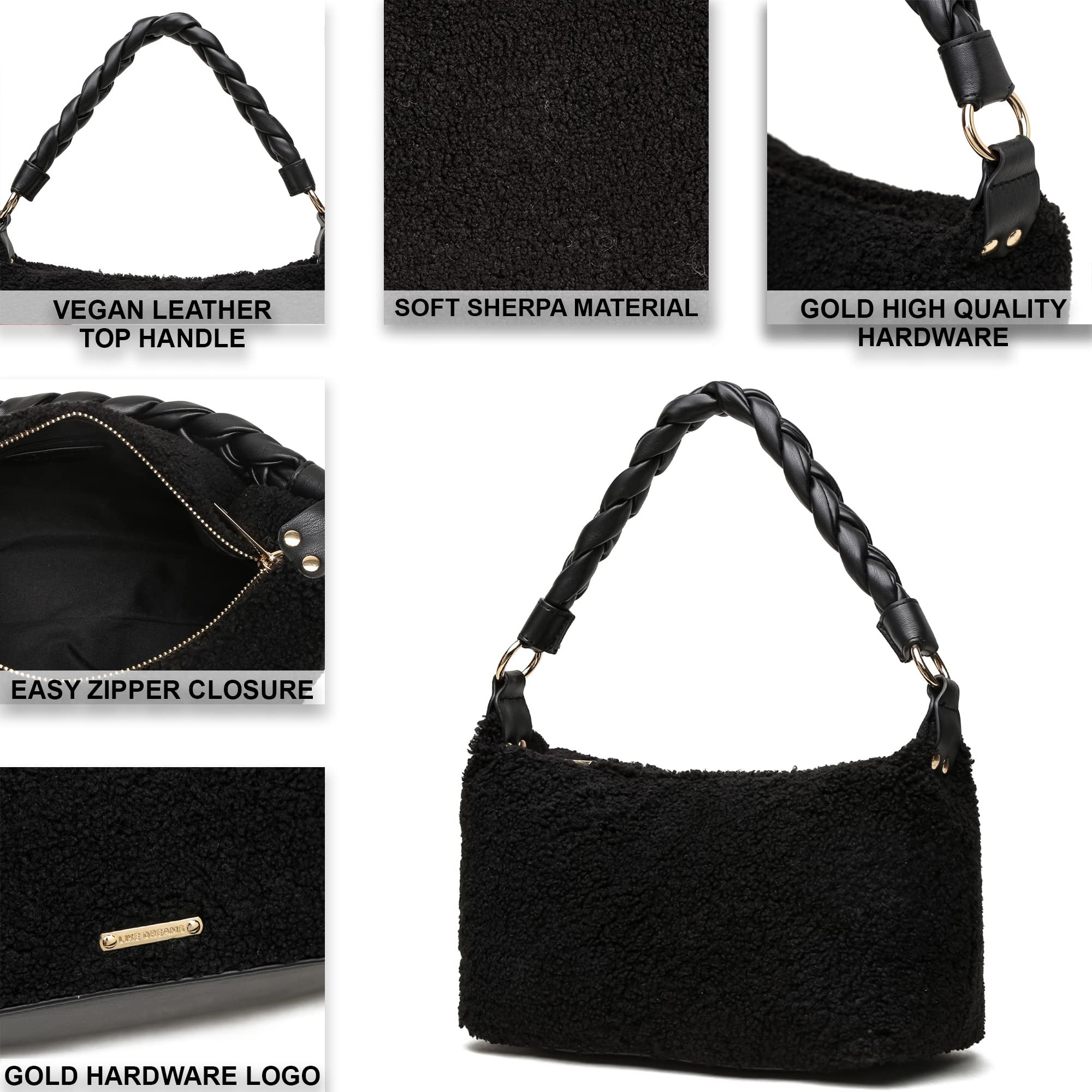 Like Dreams Women Soft Sherpa Top Handle Vegan Leather Winter Fashion Handbag Purse (Grey)