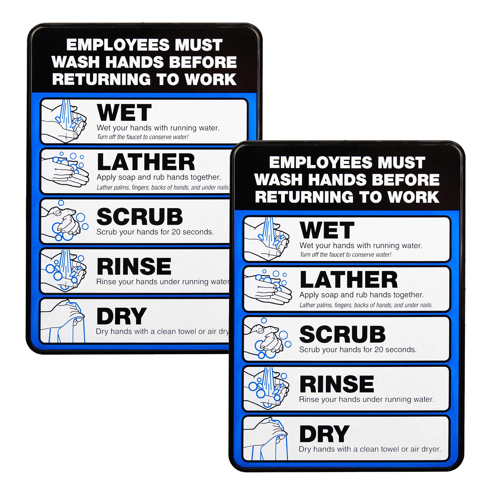 Excello Global Products Employee Must Wash Hand Sign: 5"x7" Plastic Sign for Businesses with Easy Mount Adhesive Strips (Pack of 2)