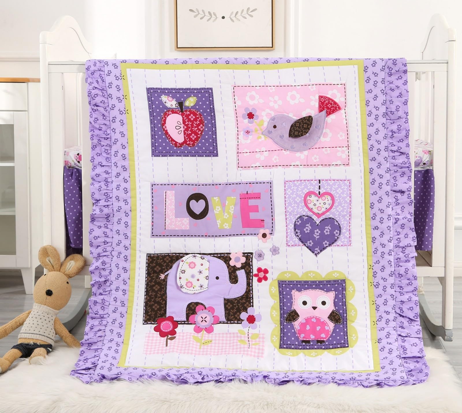 Wowelife Elephant Crib Bedding Set 100% Cotton 3-Piece Baby Bedding Set Purple Elephant Owl Nursery Bedding Set Crib Sheet Sets for Boy and Girl
