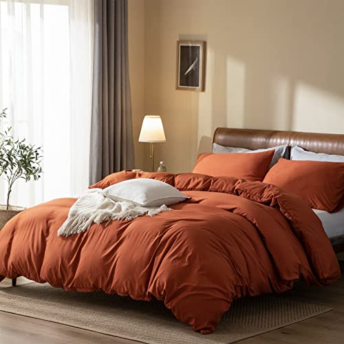 Burnt Orange Duvet Cover King, Washed Microfiber 3 Pieces Solid Color Casual Burnt Orange Bedding Set, with Zipper Closure, Luxury Ultra Soft Relaxed Feel Natural Wrinkled Comfy (Burnt Orange, King)