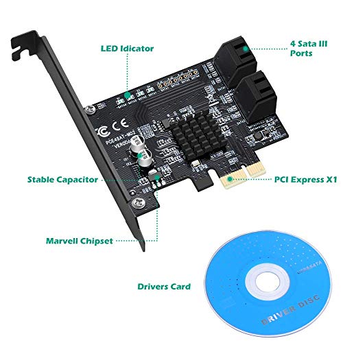 MZHOU PCIE 2.0 X 1 to SATA 4 Port Adapter Card Marvell Chipset Without Raid for Ipfs Mining and Adding Sata 3.0 Devices
