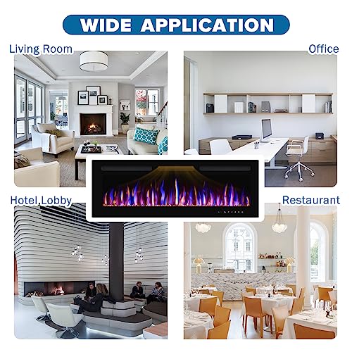 BETELNUT Electric Fireplace 50IN Wall Mounted and Recessed with Remote Control, 750/1500W Ultra-Thin Wall Fireplace Heater W/Timer Adjustable Flame Color and Brightness, Log Set & Crystal Options