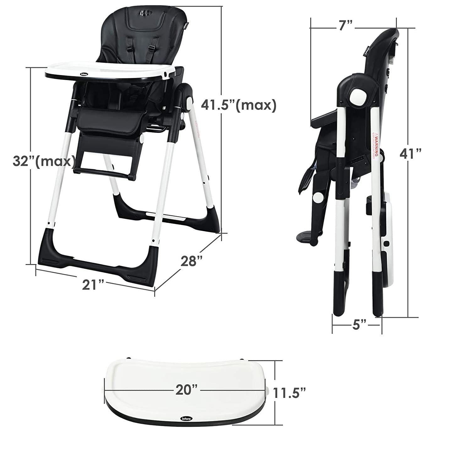 INFANS High Chair for Babies & Toddlers, Foldable Highchair with Multiple Adjustable Backrest, Footrest and Seat Height, Removable Tray, Detachable PU Leather Cushion, Built-in Rear Wheels (Black)