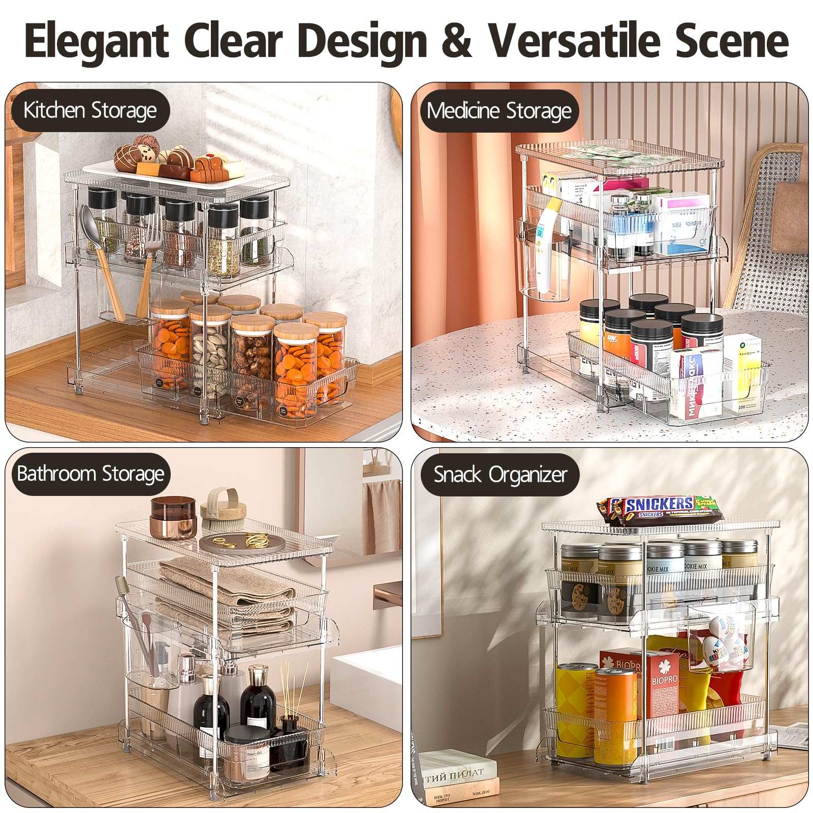 3 Tier Clear Bathroom Organizer 2 Pack, Under Sink Organizers Clear with Dividers, Multi Purpose Slide-Out drawers Organizer for Bathroom Pantry Organization and Storag, Medicine Cabniet Organizer