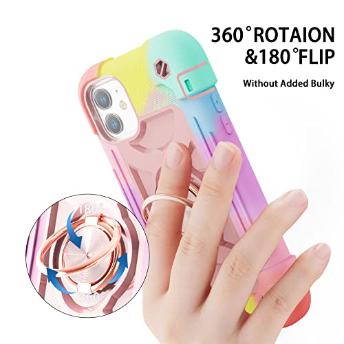 Cookiver for iPhone 11 Case 6.1 Inch with Ring Stand, with 2 Pack Glass Screen Protector ，Heavy-Duty Shockproof Rugged Military Grade Cover with Magnetic Car Mount for iPhone 11 (Rainbow Pink)