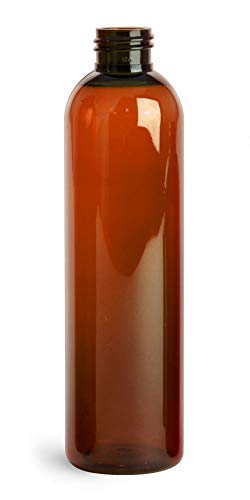 Premium Essential Oil 8 Ounce Cosmo Round Bottles, PET Plastic Empty Fillable BPA-Free, with Black/Natural Twist Caps (Pack of 12) (Amber)