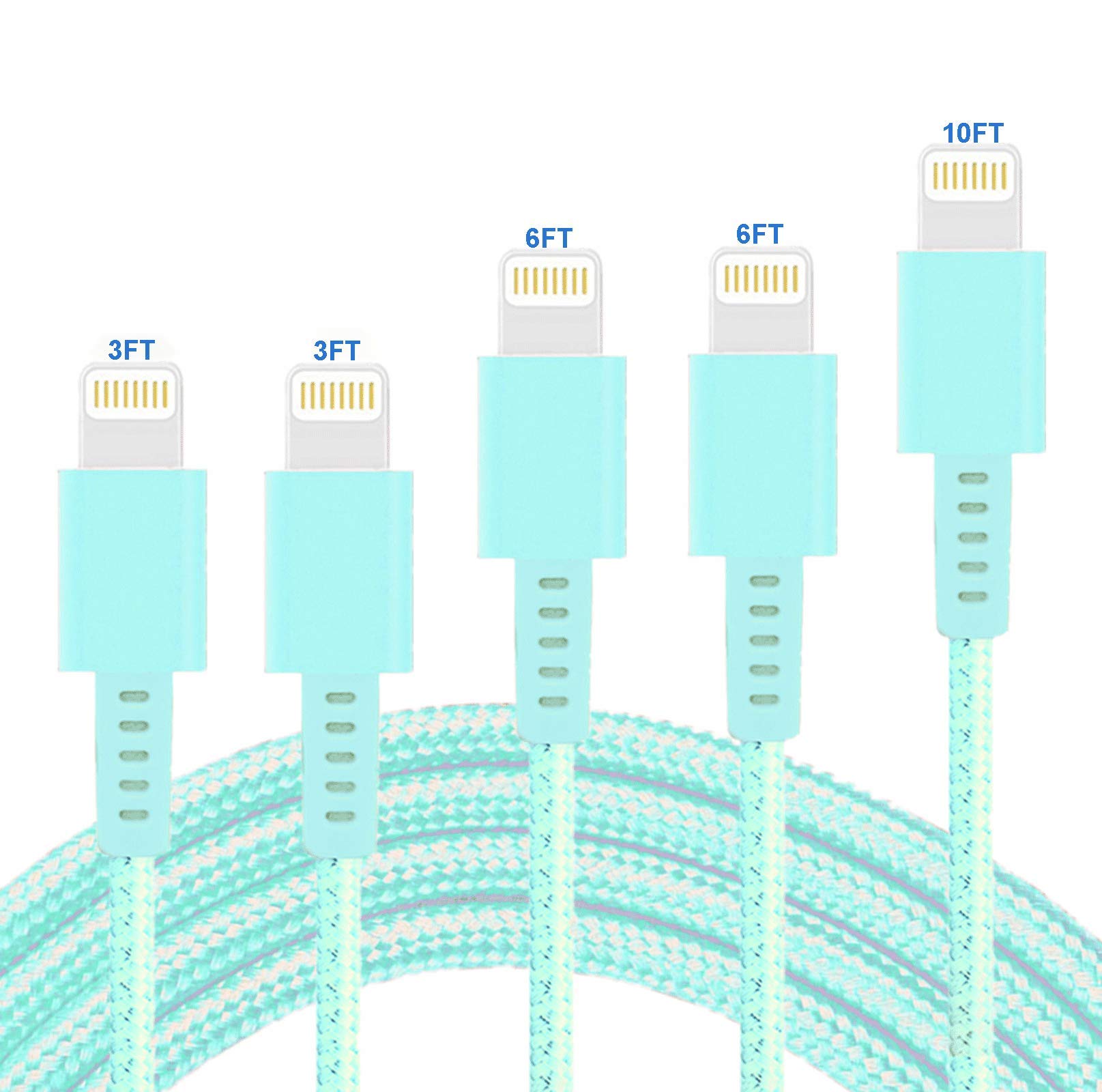 sharllen iPhone Charger Cables iPhone Cords 5 Pack 3/3/6/6/10FT Nylon Braided iPhone Lightning Cable Fast USB Charging Cable Long Cord Compatible iPhone11/Xs/Max/XR/X/8/8P/7/6/5/iPad/iPod Green