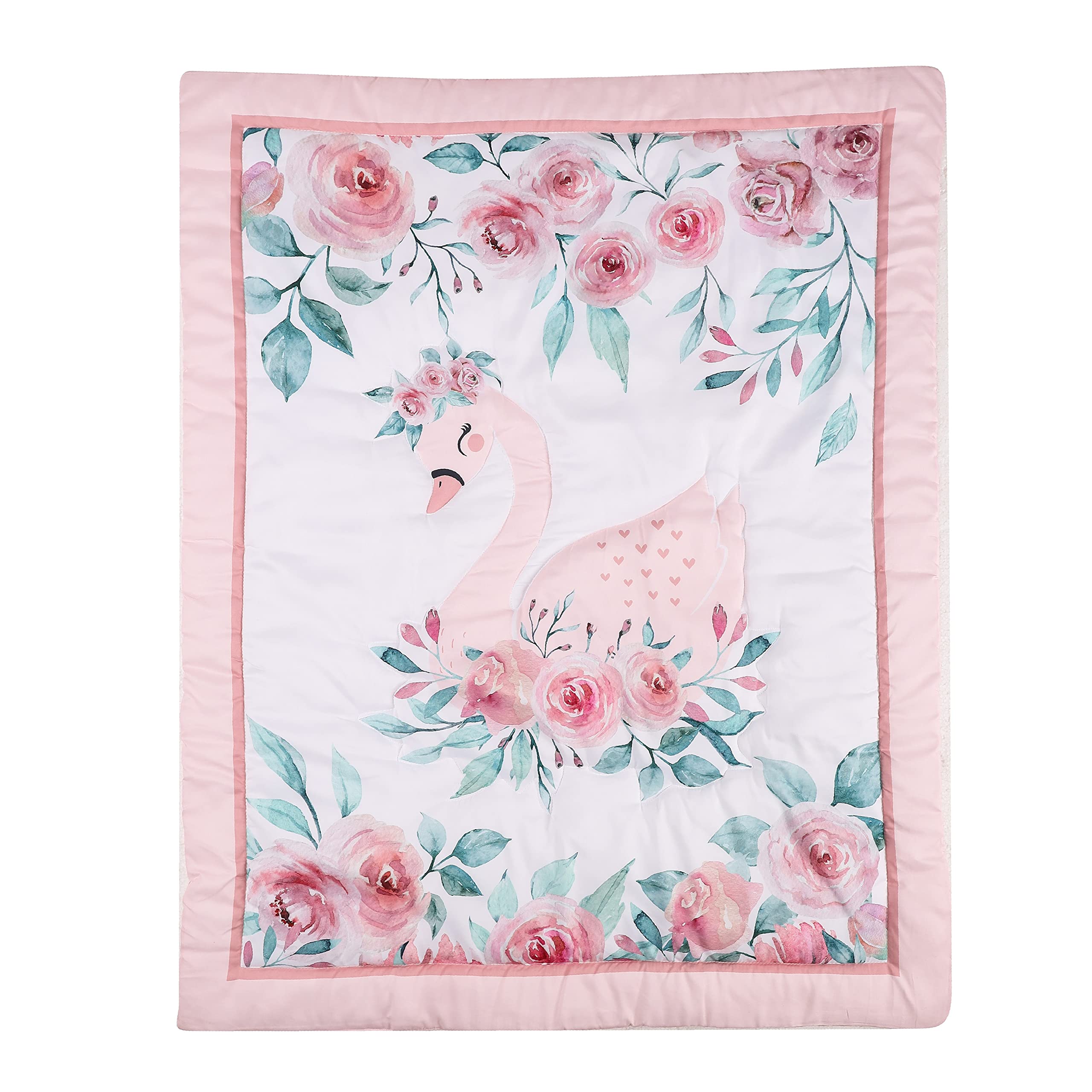 Pink Crib Sets for Baby Girls, Swan Crib Bedding Set by Sweet Baba, 5 PC Nursery Crib Set Includes Quilt/Fitted Sheet/Crib Skirt/Diaper Stacker/Blanket(Flower Theme)