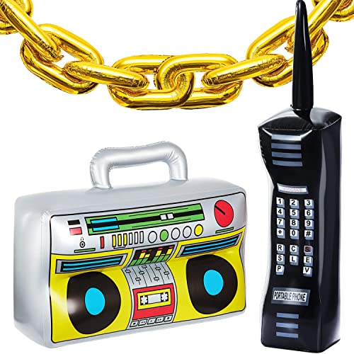 22 Pieces Inflatable Radio Boombox Inflatable Mobile Phone and 16 Inch Gold Inflatable Foil Chain Balloons 80s 90s Party Decorations Supplies Cosplay Props Hip Hop Theme Birthdays Weddings Graduations