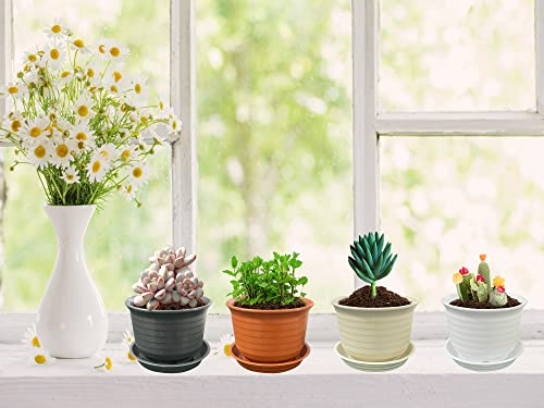 AQSXO 4 inch Planter Nursery Pots, Plastic Planters Pots for Plants Flower Transplanting with Drainage Holes and Saucers, 4 Colors 8 Pieces.