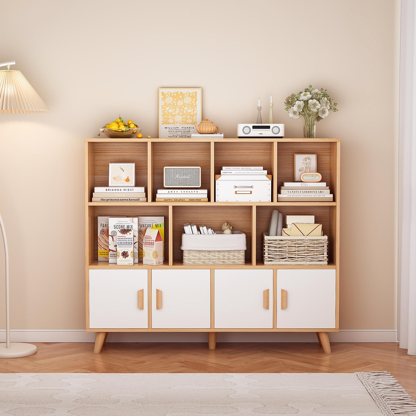 OSCHF Cubby Shelf Bookcase with Doors - Wooden 11 Cube Floor Standing Open Bookshelf with Solid Wood Legs, 3-Tier Storage Cabinet, Oak and Warm White