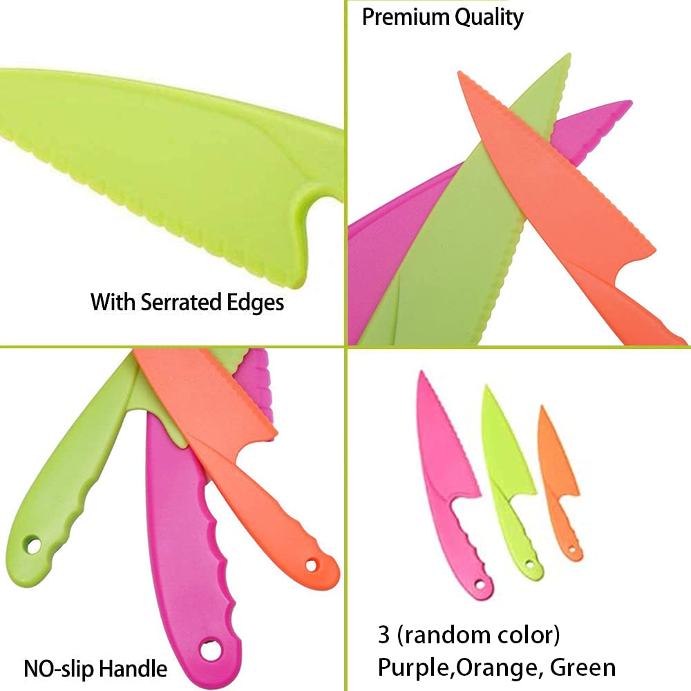 quirzx Kids Knife Set, 3PCS Kid Safe Knives with Cut Resistant Gloves (Ages 6-12), Serrated Edges, BPA-Free, Plastic Kitchen Kids Knives for Real Cooking & Cutting Fruit, Vegetable, Bread, Cake