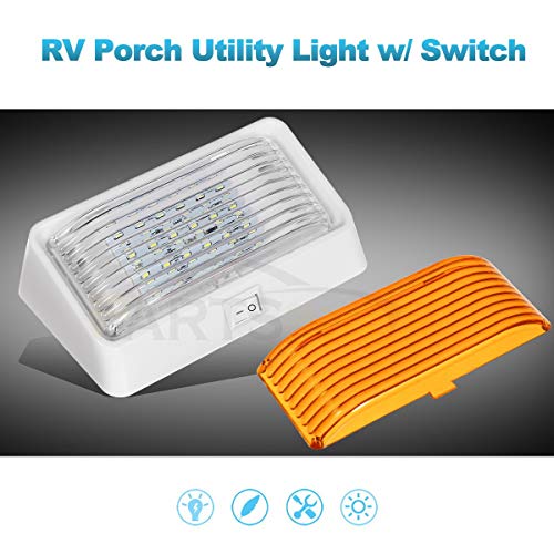Partsam Rectangle LED RV Porch Light with On/Off Switch, RV Exterior Utility Light Lighting Fixture Cover Replacement for RVs Motorhome Campers, 12V, 5th Wheels, Clear and Amber Lenses Removable