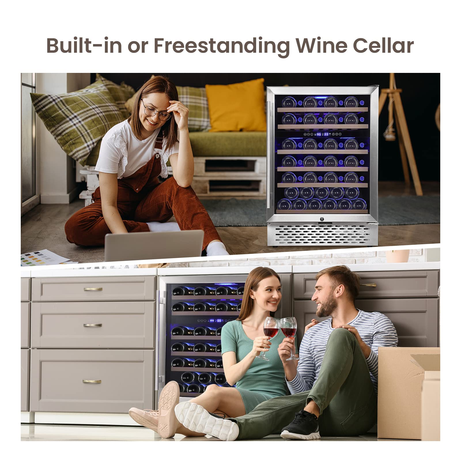 51-Bottle Compressor Wine Cooler Refrigerator, 24'' Freestanding Wine Cellar Refrigerator, Stainless Steel Three-layer Tempered Glass Door, Temperature Memory Function, Wine Fridge for Champagne