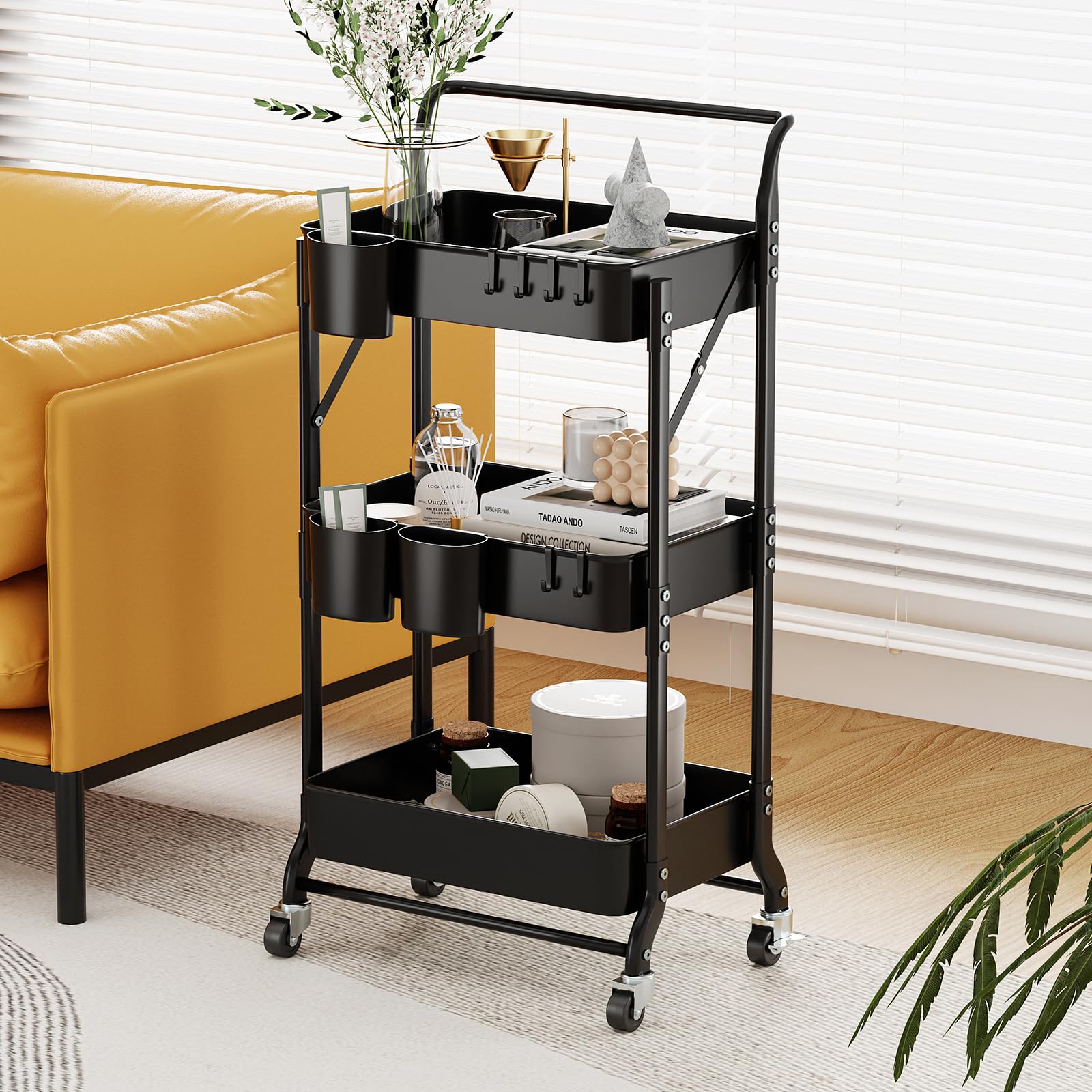 3 Tier Folding Rolling Storage Cart, Foldable Utility Cart with Wheels, Collapsible Rolling Cart Organizer with 3 Hanging Cups & 6 Hooks for Kitchen, Office, Nursery(Black)