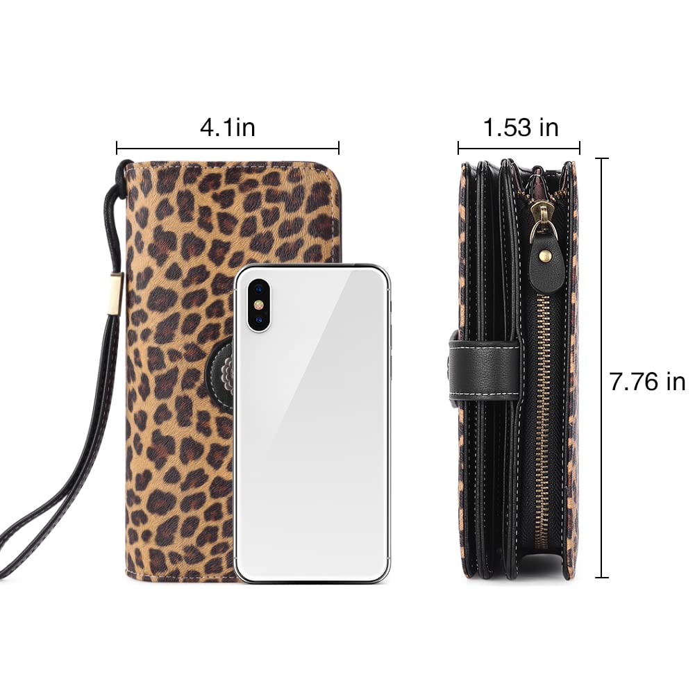 CLUCI Wallet for Women Leather Large Capacity Purse Wristlet Clutch RFID Blocking Credit Card Holder with ID Window Leopard
