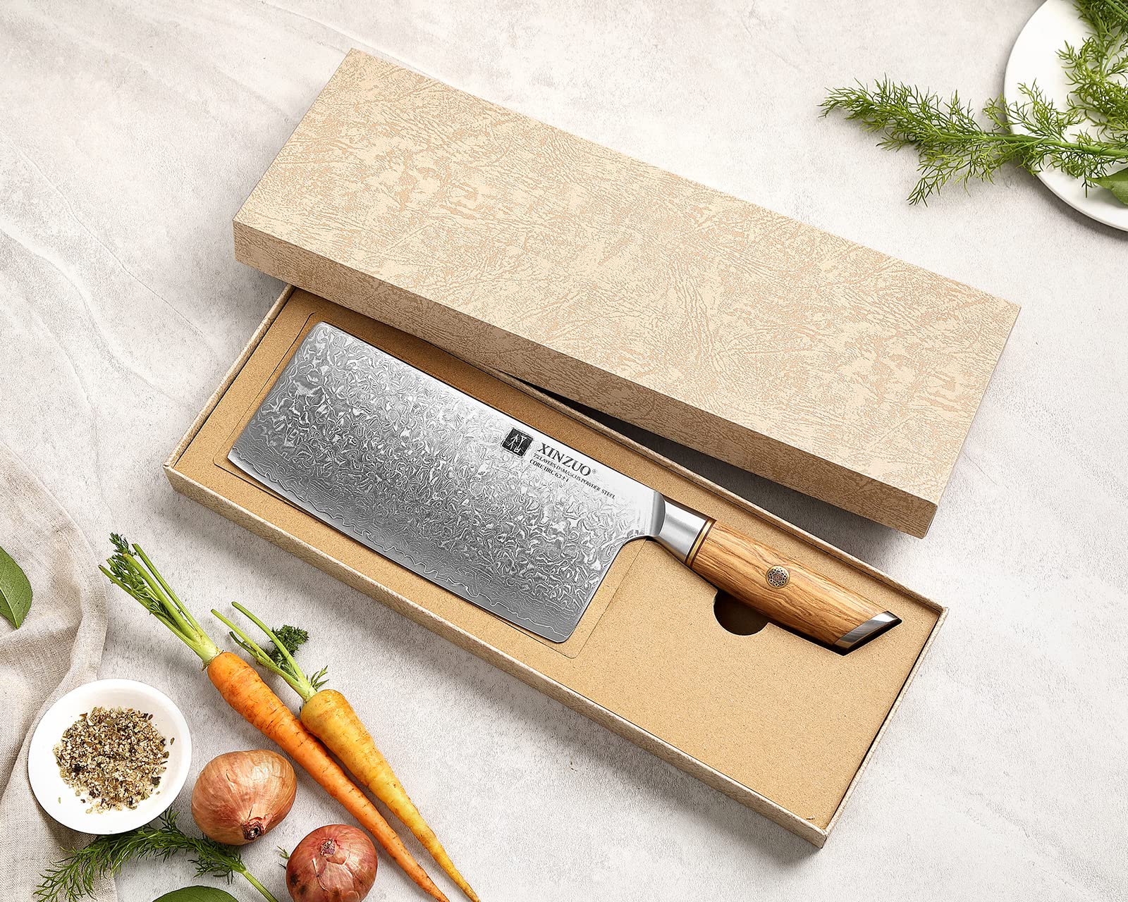 XINZUO Cleaver Knife 7.5 Inch, 73 Layer Damascus Steel Powder Steel Core Chinese Chef's Knife, Multifunction Vegetable Meat Slicing Knife with Olive Wood Handle -Lan Series