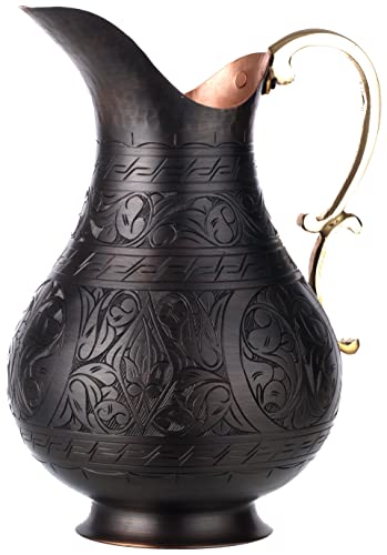 DEMMEX The Pitcher, 1mm Solid Copper Handmade Engraved Copper Pitcher Vessel Ayurveda Jug for Drinking Water, Moscow Mule, Cocktail (Antiqued-Engraved)