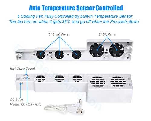 ElecGear Auto Cooling Fan for PS4 Pro, External USB Cooler Automatic Temperature Sensor Controlled Radiator Heat Exhaust Works with Playstation 4 Pro CUH-7xxx White