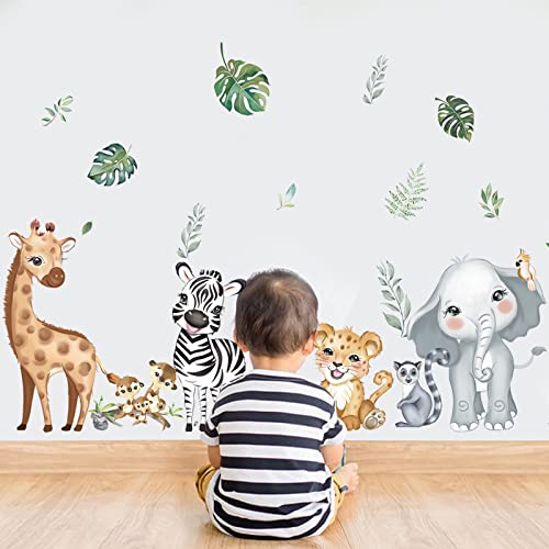 decalmile Jungle Animals Wall Decals Elephant Giraffe Safari Wall Stickers Baby Nursery Kids Room Living Room Wall Decor