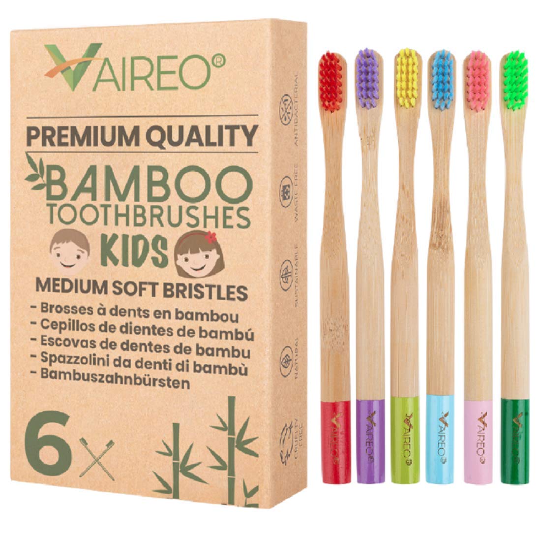 Vaireo Bamboo Toothbrushe - Soft Bristles Wooden toothbrushes - Organic Wooden Toothbrushes - 100% Natural, Eco-Friendly and Biodegradable (Kids Colourful 6 Pack)