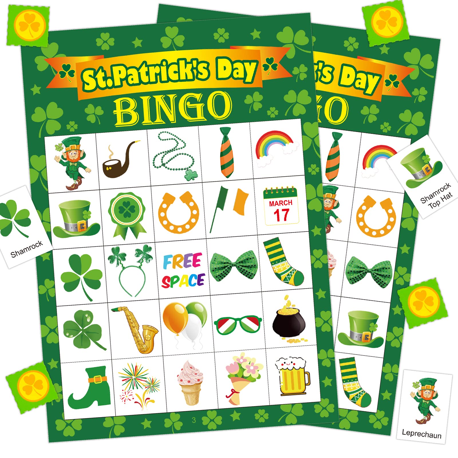 GIANTRUMP St Patricks Day Bingo Game for Boys and Girls, 24 Players St Patricks Day Games for Green Shamrock Party Games St Patricks Party Games Spring Classroom Family Activities