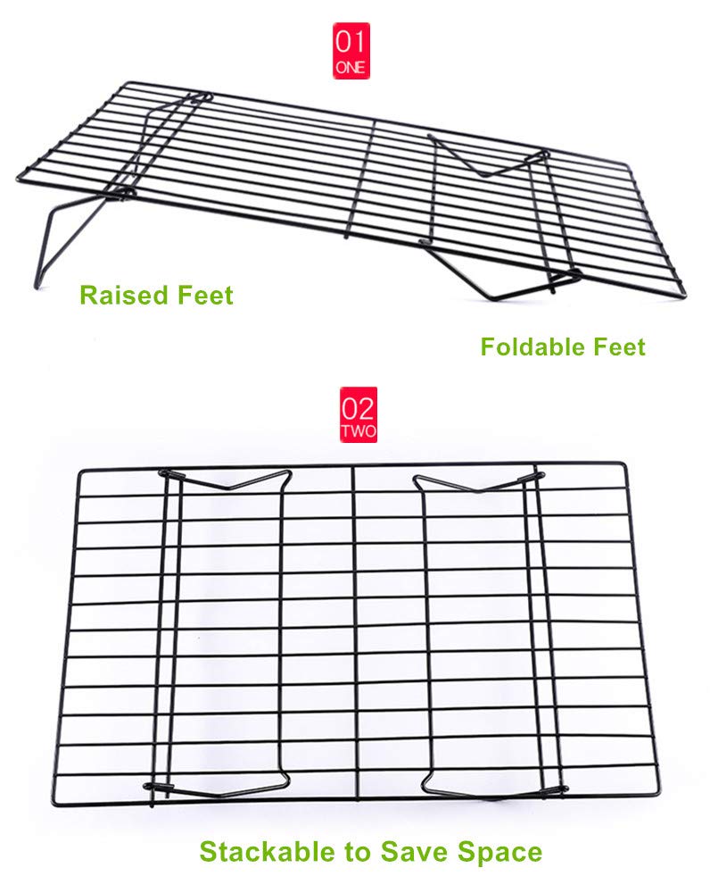 3 Tier Non Stick Cake Cooling Rack - Oven Safe, Heat Resistant, Space Saving Stackable Wire Tray with Collapsible Legs for Roasting, Cooking, Grilling, Drying, Plus Multi-use Basting Brush, 10x16 in