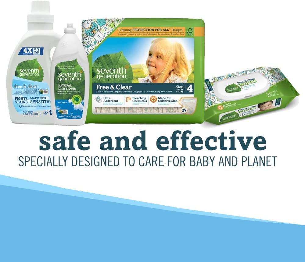 Seventh Generation Free & Clear Baby Wipes with easy open top, 64 count packs (pack of 12) (768 wipes)