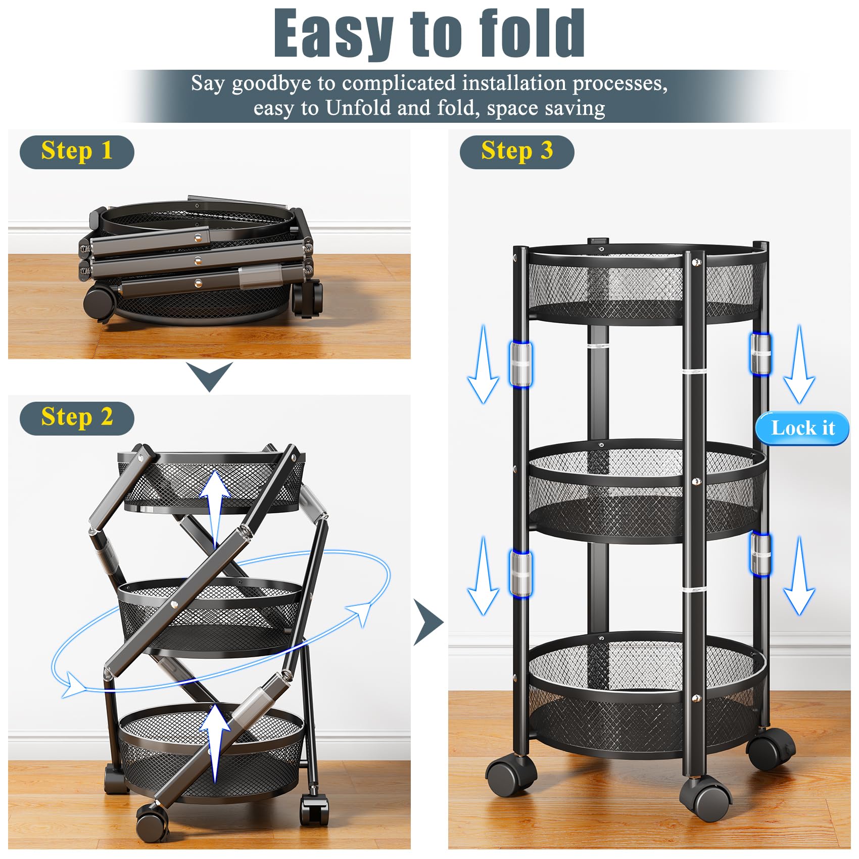 3 Tier Rolling Utility Cart with Wheels - Folding Storage Round Organizer Rack, Collapsible Snack Craft Kitchen Cart